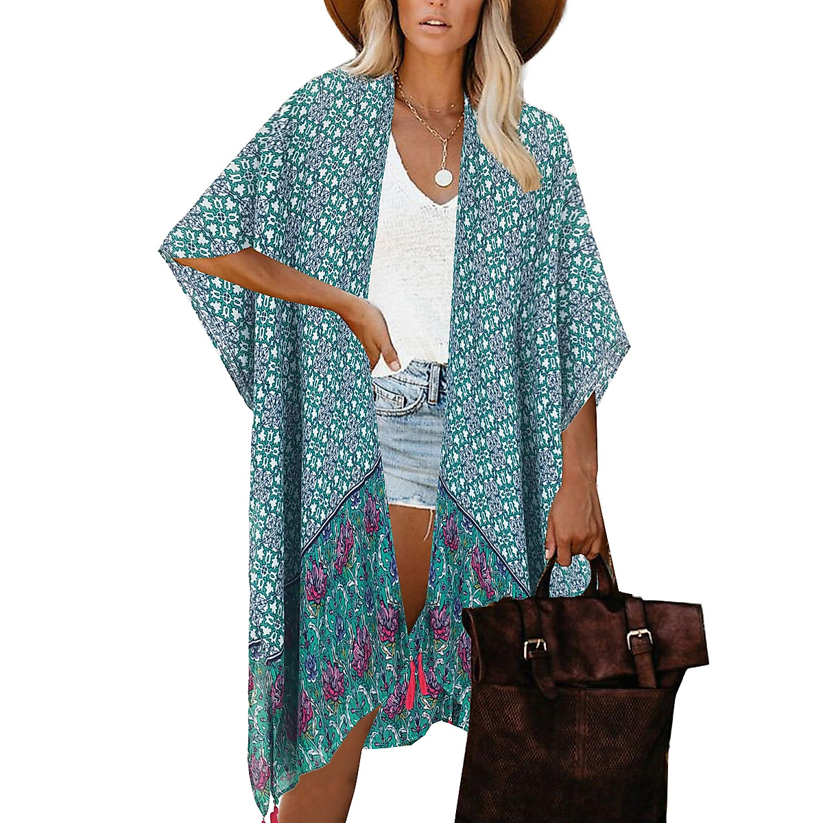 Moss Rose Women's Beach Cover up Swimsuit Kimono with Bohemian Floral Print, Loose Casual Resort Wear