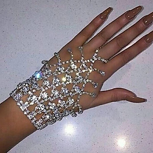 YERTTER Silver Wedding Full Rhinestone Hand Back Chain Sparkly Crystal Finger Bracelet with Ring Hareness Hand Chain Slave Link with Ring Bracelet Accessories Party for Women Girls（Silver 1)