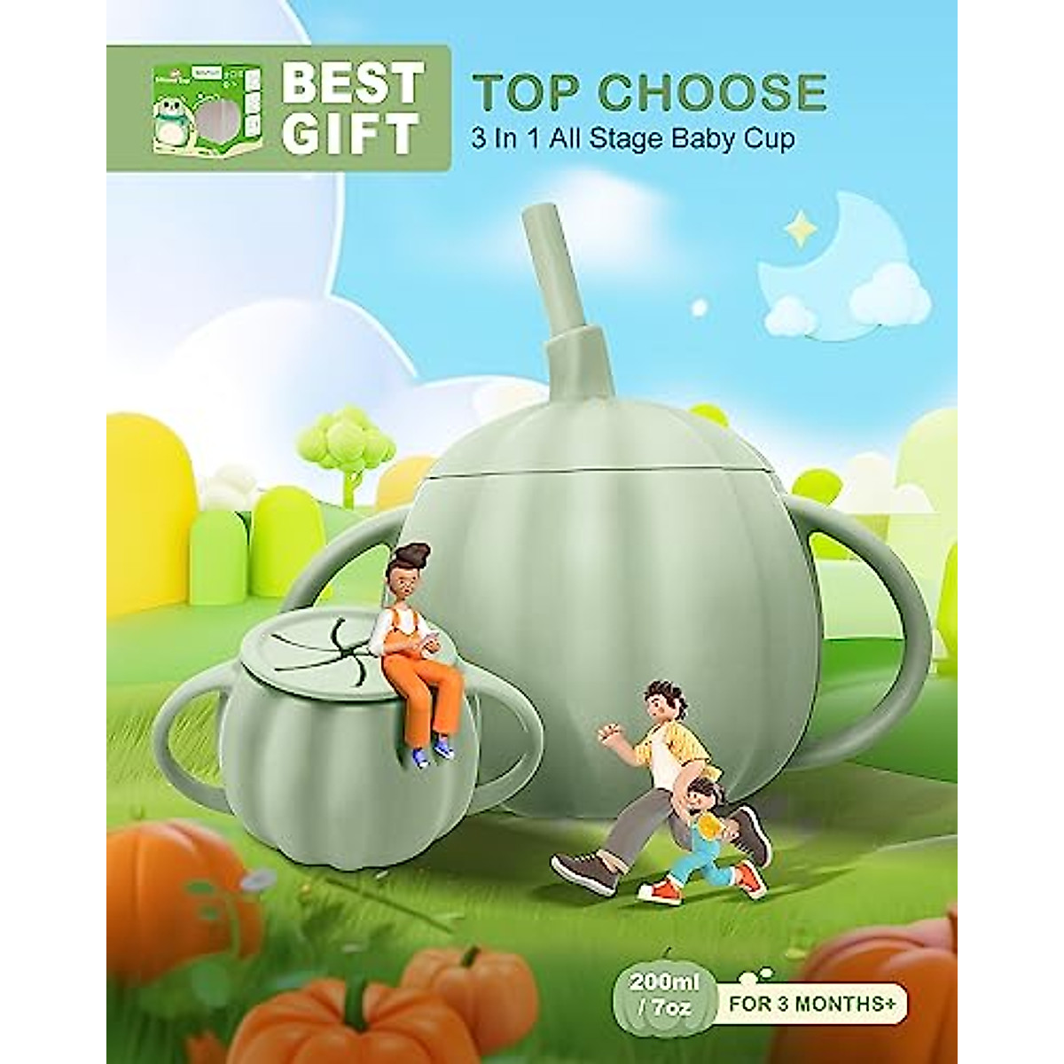 BRVTOT Baby Snack Containers & Straw Cup 7 oz, Spill Proof Toddler Cup with Straw & Snack Cup Lid & DustProof Lid, BPA Free Silicone Training Sippy Cup with Handle for Babies Toddlers 6+ Months Gifts