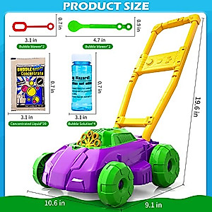 Purple and Green Bubble Lawn Mower for Toddlers, Bubble Makers for Kids, Summer Outdoor Backyard Gardening Toys, Birthday Gifts for Preschool Boys Girls