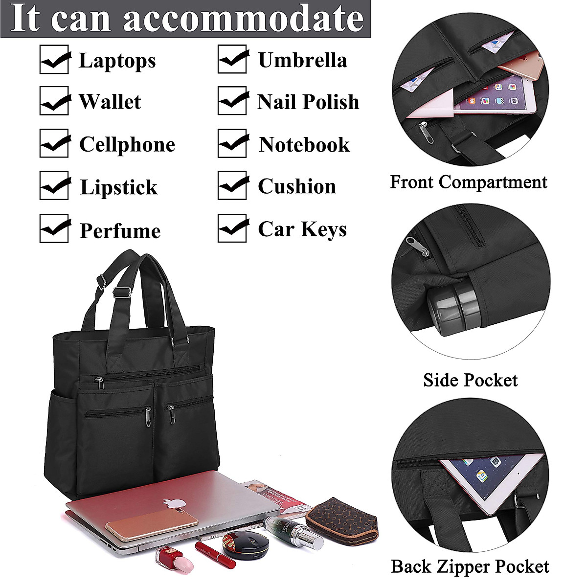 Canvas Tote Bag Waterproof Nylon Multi Pocket Shoulder Bags Laptop Work Bag Teacher Purse and Handbags for Women & Men (Black)