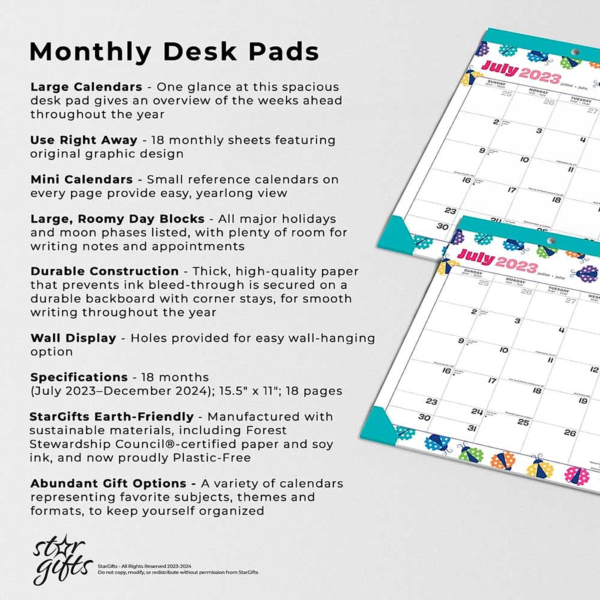 Ladybug Party | 2024 15.5 x 11 Inch 18 Months Monthly Desk Pad | July 2023 - December 2024 | StarGifts | Planning Stationery