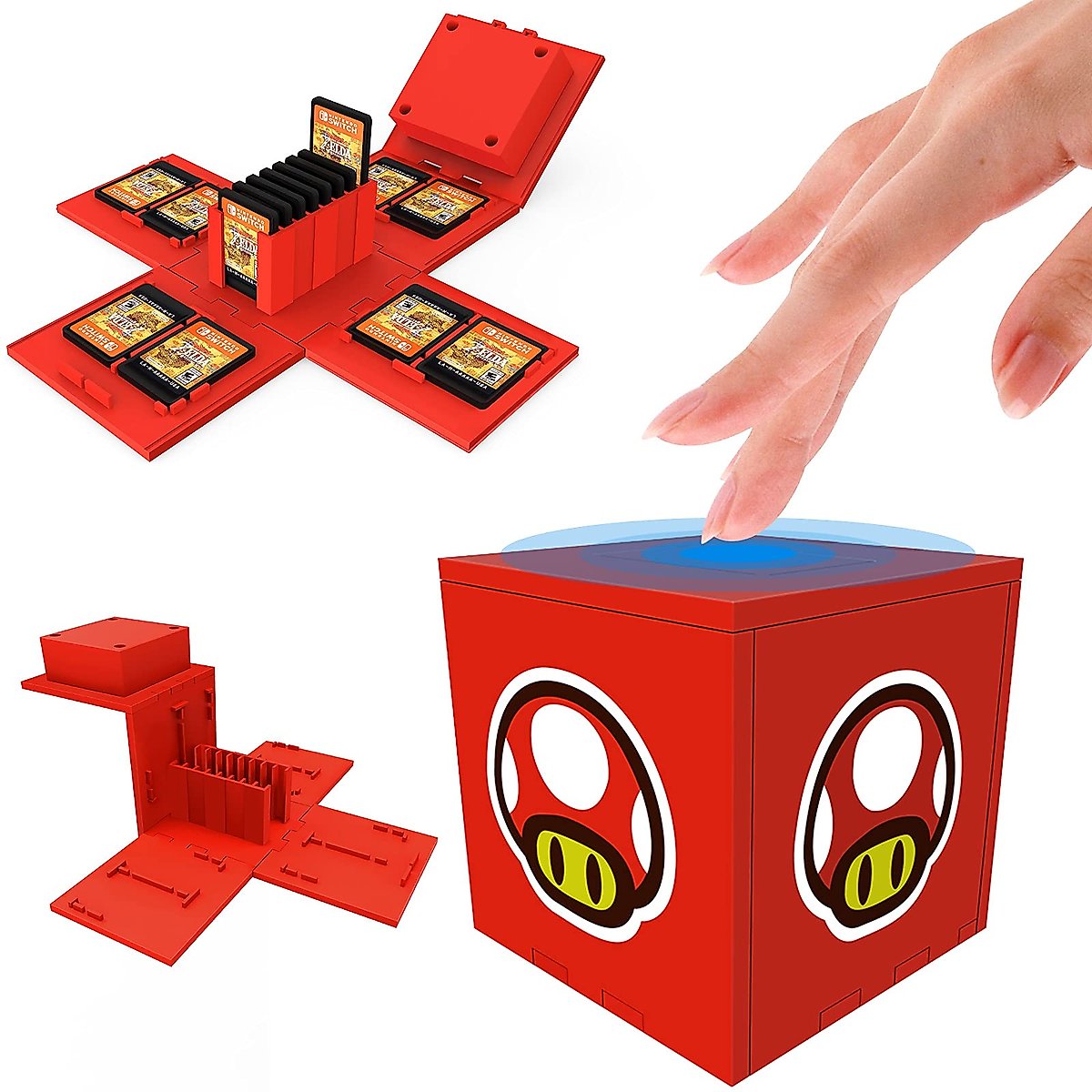 UFOPETIE 16 in 1 Game Storage Box for Switch Game Cards Mario Games Cube up to 16 Games,for Nintendo Switch Game Card Case Cube Nintendo Switch Game Storage Box Mario Mushrooms Thumb Grip 2PCS