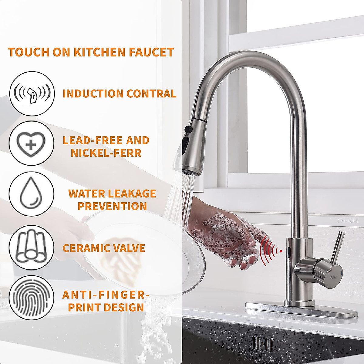 Touchless Kitchen Faucet with Pull Down Sprayer, Motion Sensor Kitchen Faucet with Kitchen Soap Dispenser, Single Kitchen Faucet High Arc Pull Out Faucet for Kitchen Sink RV Kitchen，Brush Nickel
