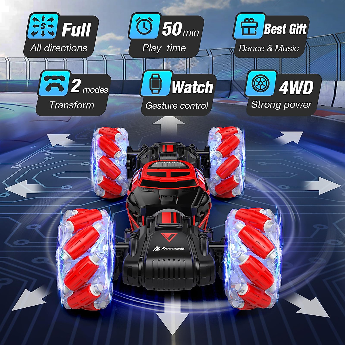 Powerextra Remote Control Car, 4WD Rc Stunt Car with Light & Music, Watch Gesture Sensor Car, Double Sided Rotating Off Road 360° Flips, Toy Car for Boys & Girls - Red