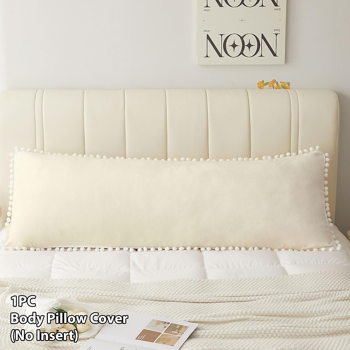 LIFEREVO Pom Poms Velvet Bed Body Pillow Cover, Long Soft Fuzzy Body Pillow Pillowcase 20x54, Cute Fringe Microfiber Body Pillow Case with Zipper, Luxury Decorative Plush Body Pillow Protector, Beige