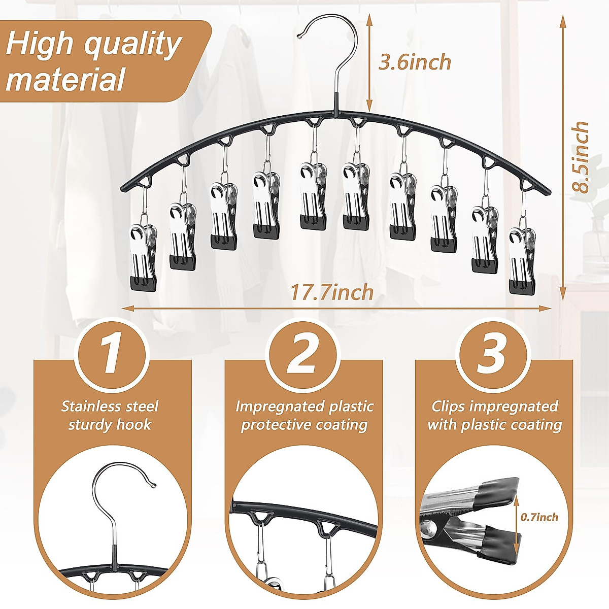 2 Pack Skirt Pants Hangers with Clips Space Saving, Legging Organizer for Closet Hanging with 10 Clips Hold 20 Leggings Shorts Jeans Skirts, Black