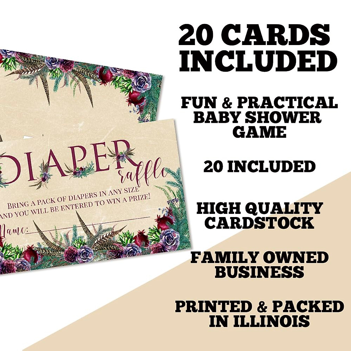 Amanda Creation Rustic Boho Watercolor Succulents, Pine, and Feathers Diaper Raffle Tickets for Baby Showers, 20 2" X 3” Double Sided Inserts, Bring a Pack of Diapers to Win Favors &