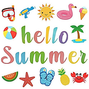 46 Pcs Hello Summer Cutouts Summer Bulletin Board Set Hawaii Ice Cream Watermelon Palm Tree DIY Paper Cutouts Wall Decals Beach Party Decorations for Classroom Kindergarten Party Supplies