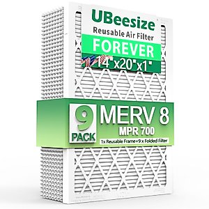UBeesize Reusable Air Filter 14x20x1(9-Pack), MERV 8 MPR 700 AC/HVAC Furnace Air Filters,Deep Pleated Air Cleaner,1x Reusable Plastic Frame+9 x Filter Replacements,Breathe Fresher Home And Office