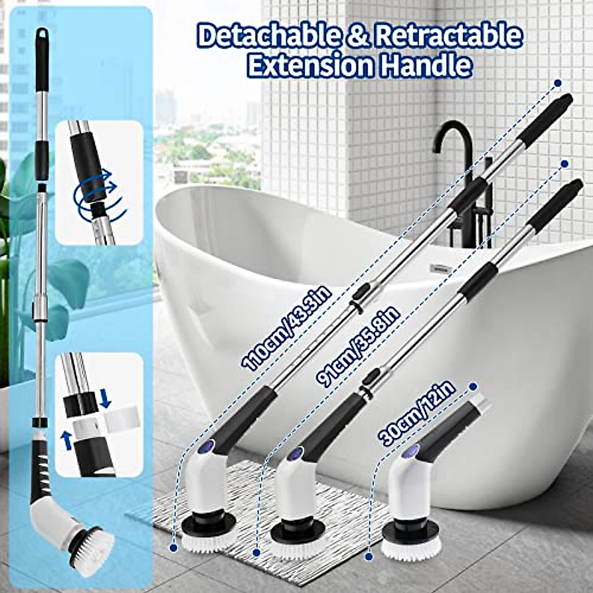 Keimi Electric Spin Scrubber, 2023 New Cordless Voice Prompt Shower Cleaning Brush with 8 Replaceable Brush Heads, 3 Adjustable Speeds, and Adjustable Extension Handle for Bathroom Floor Tile