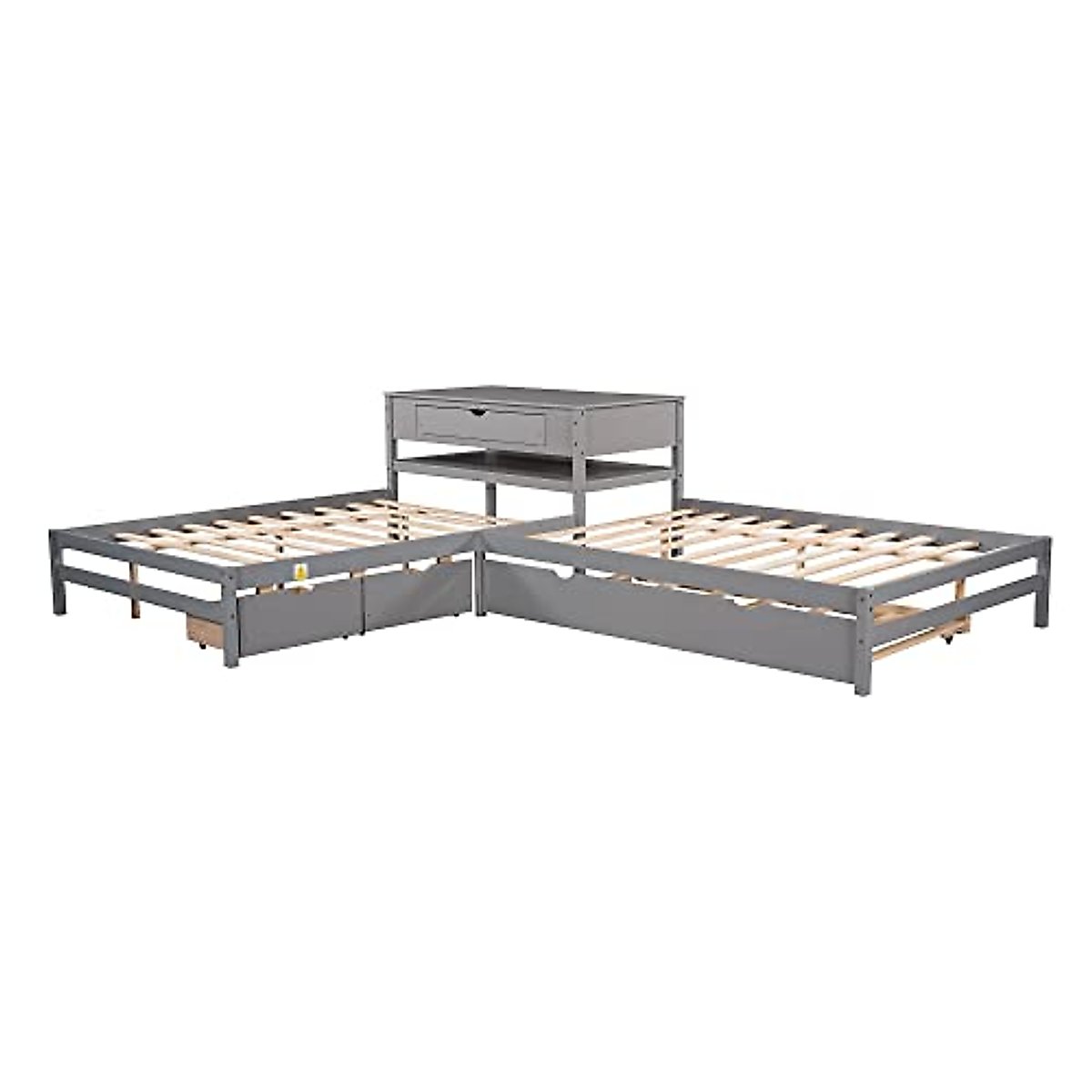 MOEO L-Shaped Full Size Platform Bed with Trundle and Drawers Linked w/ Built-in Desk for Kids, Bedroom, Teens, Adults, No Box Spring Needed, 3 Wood Bedframe in 1, Gray