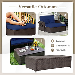 Tangkula Patio Rattan Daybed Set, Wicker Loveseat Sofa w/Multipurpose Ottoman & Retractable Side Tray, 4-Level Adjustable Backrest, Footstool w/Storage, Seat & Back Cushion Included (Navy)