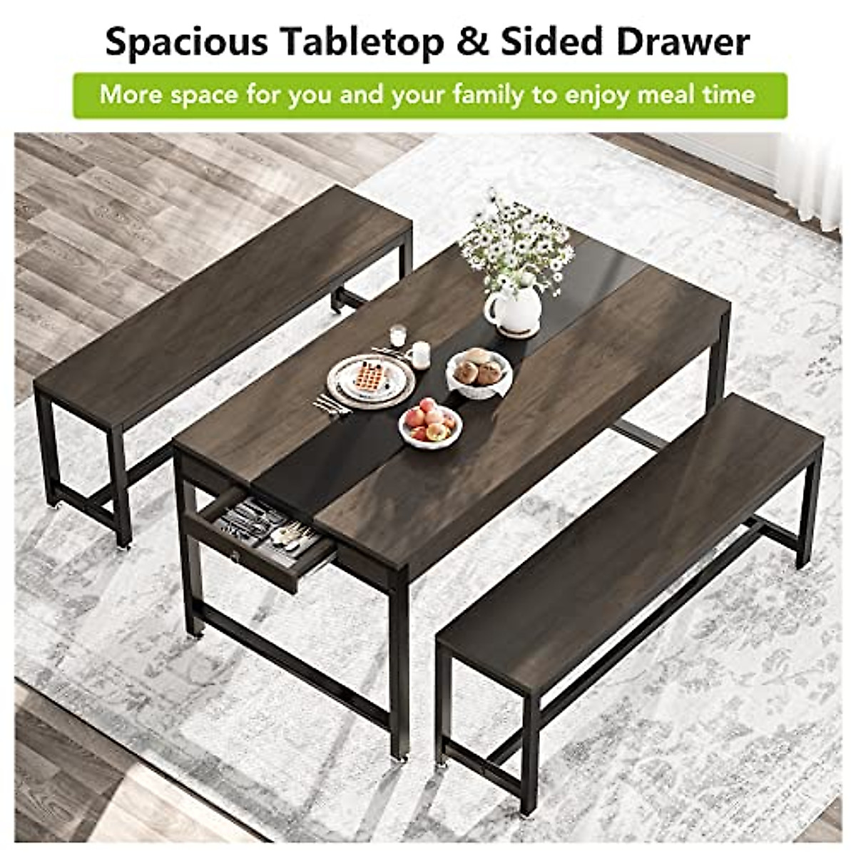 Tribesigns 63 Inch Large Dining Table Set for 4 to 6, Kitchen Breakfast Table with 2 Benches & Sided Drawer, 3-Piece Modern Industrial Bar Table Furniture for Dining Room, Gray Brown & Black