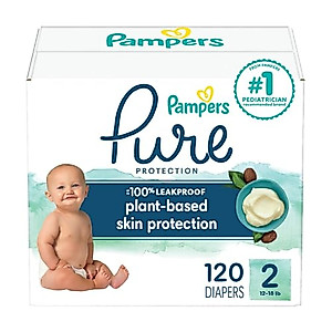 Pampers Baby Diapers - Pure Protection - Size 2, 120 Count, for up to 100% Leakproof, Premium Plant-based Skin Protection