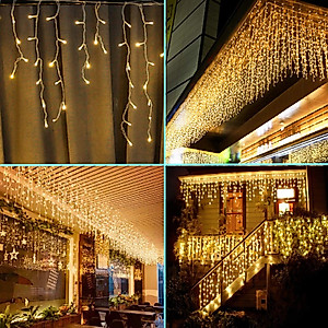 LED Icicle Lights, 640 LED Christmas Lights, 65.6ft 8 Modes Plug in Fairy String Lights with 120 Drops for Indoor Bedroom Outdoor Window, Christmas Party Decoration (Warm White)