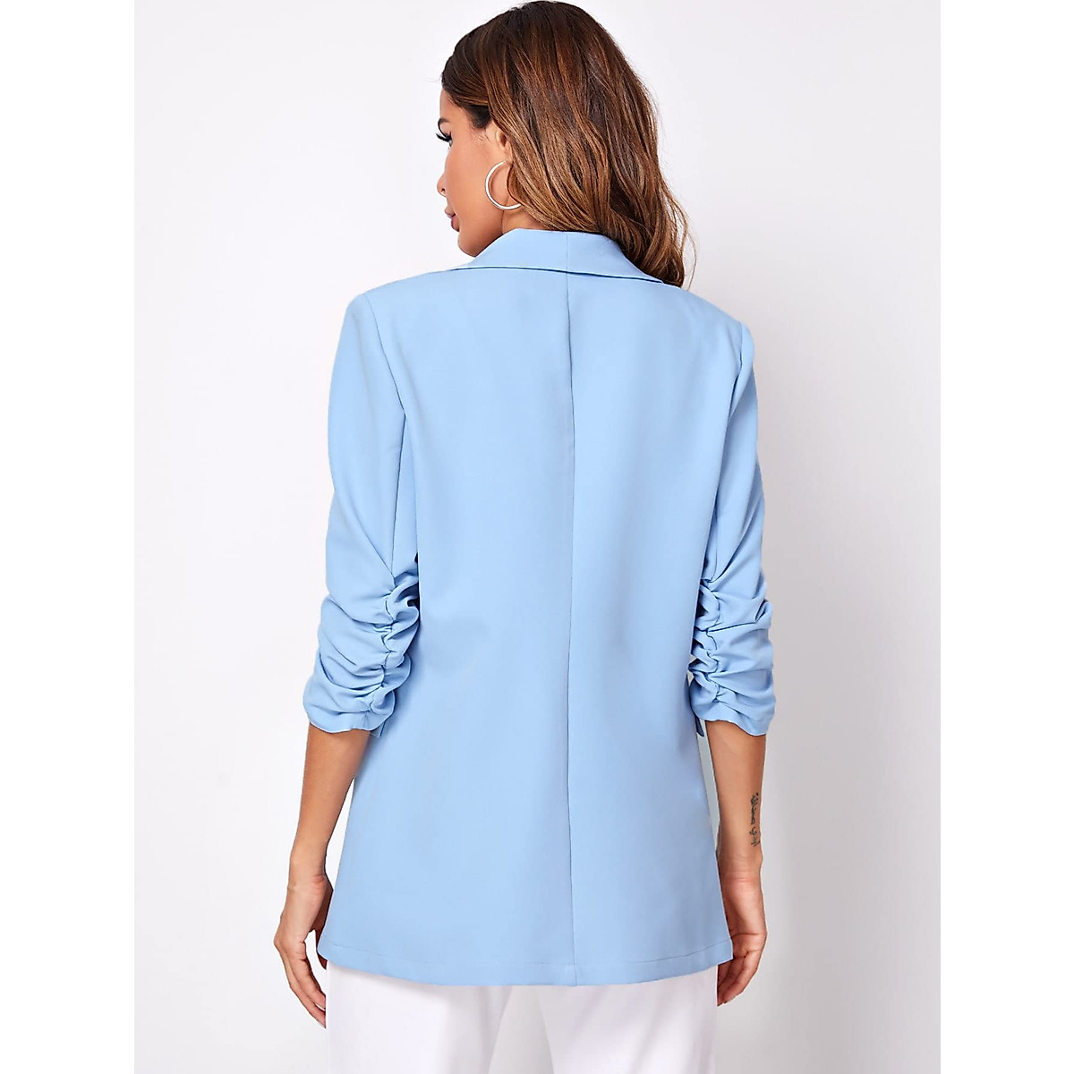 WDIRARA Women's Open Front Ruched Half Sleeve Blazer Elegant Office Work Jacket Pure Plain Blue XS