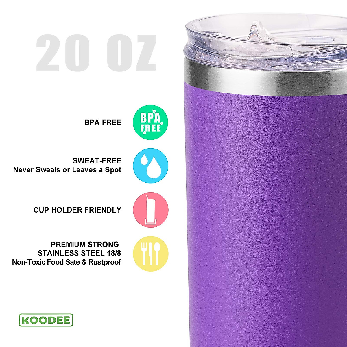 koodee 20 oz Skinny Tumbler with Straw, Stainless Steel Double Wall Insulated Slim Tumbler for Women/Men Diy Birthday Gift (Purple)