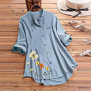 Aniywn Women Round Neck Lace Up Lace Patchwork Flare Pullover Top Casual Plus Size 3/4 Sleeve Floral Printed T-Shirt (2XL, 2-Sky Blue)