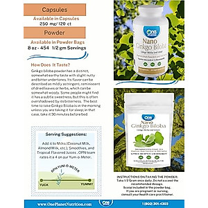 One Planet Nutrition Nano Ginkgo biloba 250 mg Veggie Capsules (120 Servings), Ginkgo biloba Extract, Nano for Higher Absorption, Improves Cognitive Function & Circulation, Non-GMO, Vegan, Gluten Free