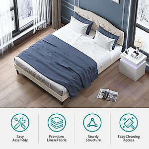 BALUS Upholstered Bed Frame with Headboard , Queen Platform Metal Bed Frame with Steel Slat Support / No Box Spring Needed / Easy Assembly/No Mattress,Beige