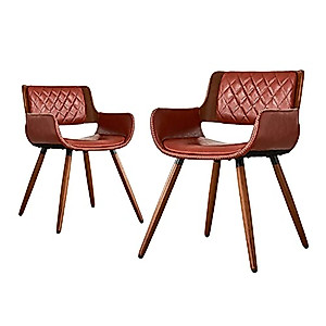 ARTPLAN Mid-Century Modern Accent Bamboo Small Arm Chair with PU Upholstered Dining Chair for Living Room, Set of 2