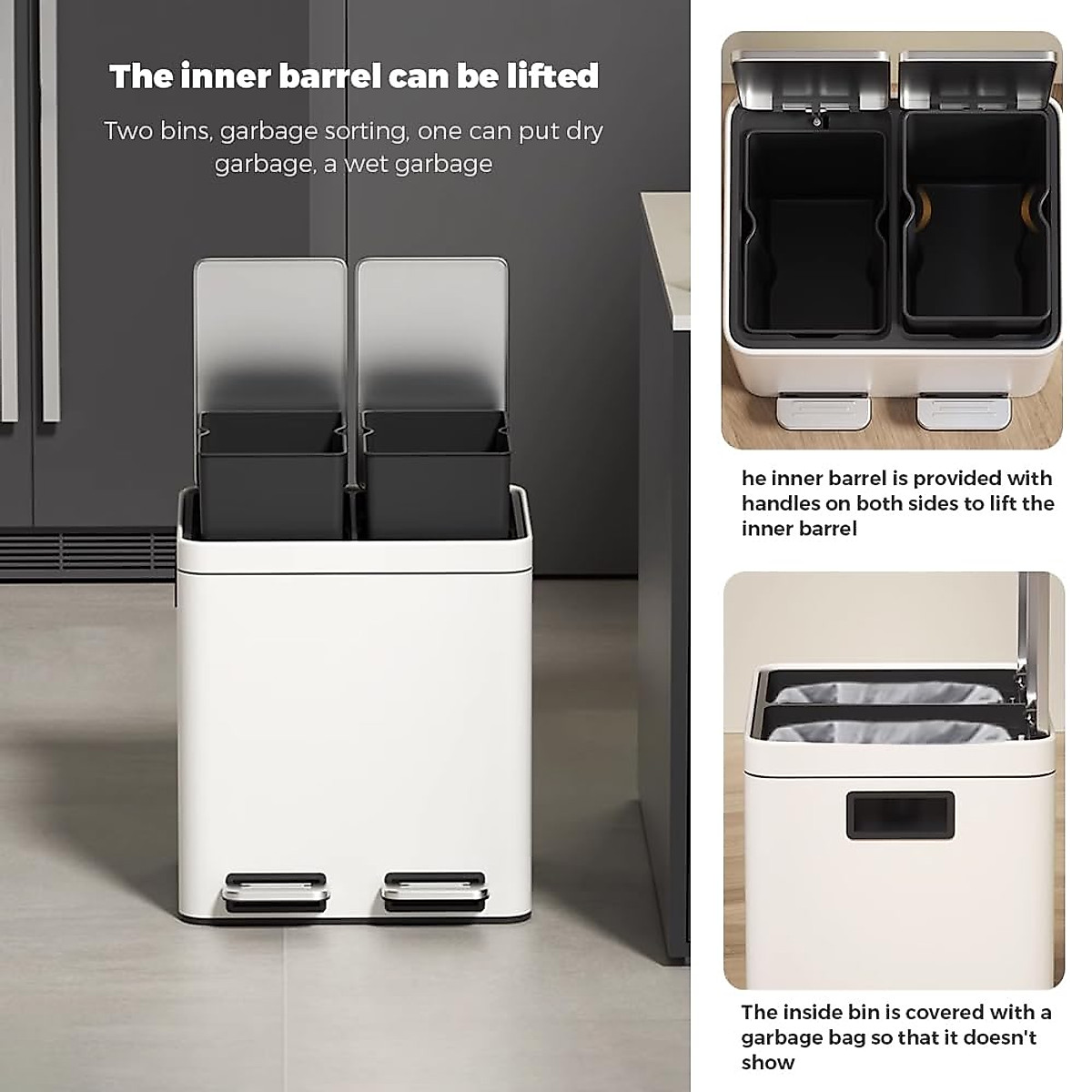 LEASYLIFE 5.28 Gallon Stainless Steel Metal Dual Stream Step-On Trash,2 Compartments, Recycle Bins for Kitchen,Trash and Recycle Bin Combo for Kitchen (20L)