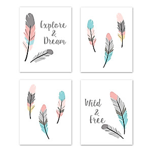 Sweet Jojo Designs Turquoise and Coral Boho Wall Art Prints Room Decor for Baby, Nursery, and Kids for Feather Collection - Set of 4 - Explore & Dream, Wild & Free