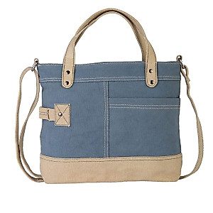 Mona B Canvas Handbag for Women | Zipper Bag | Crossbody Bag | Stylish Vintage Recycled Upcyled Bags Women (Brown-Jules Dusty Blue)