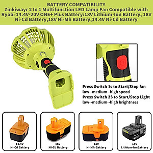 Portable Fan for Ryobi 18v Battery, Cordless Fans Portable Battery Operated Fan with Battery and Charger,with 300LM LED Light, for Hom, Outdoor,Camping, Picnic and Job Site