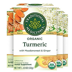 Traditional Medicinals Organic Turmeric with Meadowsweet & Ginger Herbal Tea, Supports Healthy Response to Inflammation, (Pack of 4) - 64 Tea Bags Total