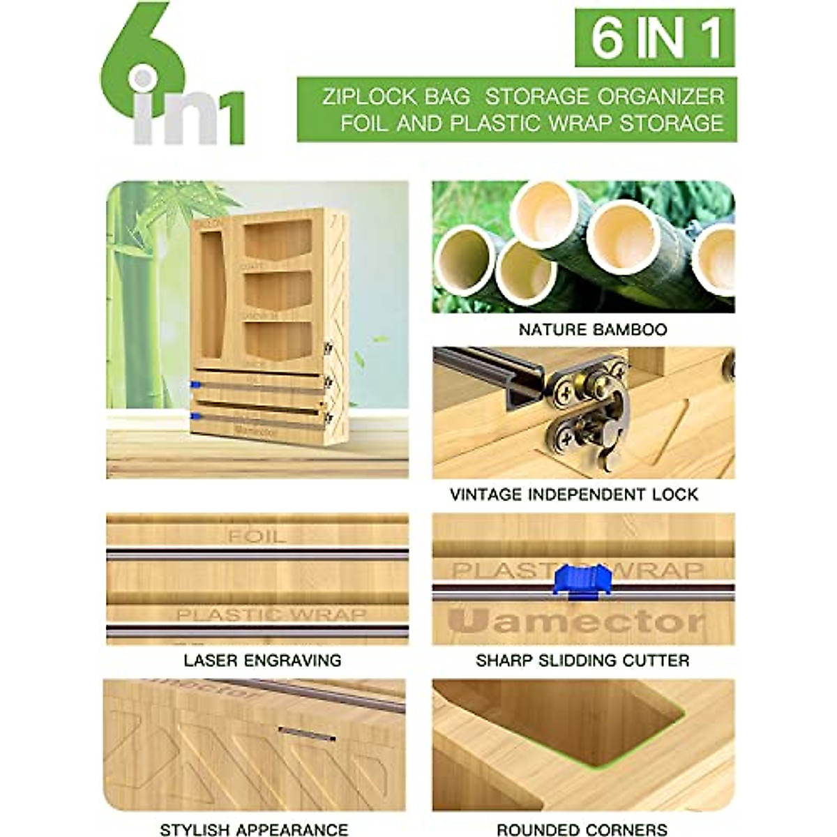 Uamector Bag Storage Organizer for Kitchen Drawer, 100% Natural Bamboo 6 in 1 Bamboo Foil and Plastic Wrap with Cutter, Storage Bag Organizers