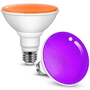 JandCase Orange and Purple Halloween Light Bulbs Outdoor, LED PAR30 Flood Lights 12W(100W Equivalent), E26 Colored Light Bulbs for Porch Lighting, Party Decor, Courtyard, Not-Dimmable, 2 Pack