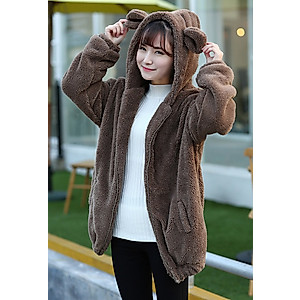Women Fashion Bear Tail Hoodies,Fluffy Double Velvet Winter Rabbit Ear&Tail Shape Warm Tail Jacket,Long Sleeve Hooded Sweatshirt sweater (brown bear)