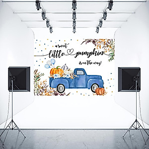 Aperturee Little Pumpkin Baby Shower Backdrop 5x3ft A Little Sweet Pumpkin is On The Way Blue Truck Leaves Balloons It's a Boy Photography Background Fall Autumn Party Decorations Banner Photo Booth…