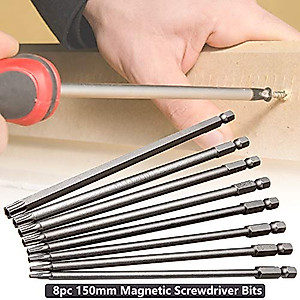 Saiper 8 Pieces 1/4 Inch Hex Shank Torx Security Head Screw Driver Bit Magnetic Star S2 Steel Screwdriver Set Bits T8-T40, 150mm/6 Inch Long