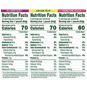 GoGo squeeZ Fruit & veggieZ Variety Pack, Jurassic Pear, Roarrrr Berry & Prehistoric Peach, 3.2 oz (Pack of 20), Unsweetened Snacks for Kids, No Gluten, Nut & Dairy, Recloseable Cap, BPA Free Pouches