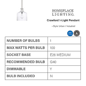 HomePlace Lighting 325712BN Crawford Urban/Industrial Clear Seeded Glass Jar Pendant Light, 1-Light 100 Watt, 15" H x 12" W, Brushed Nickel