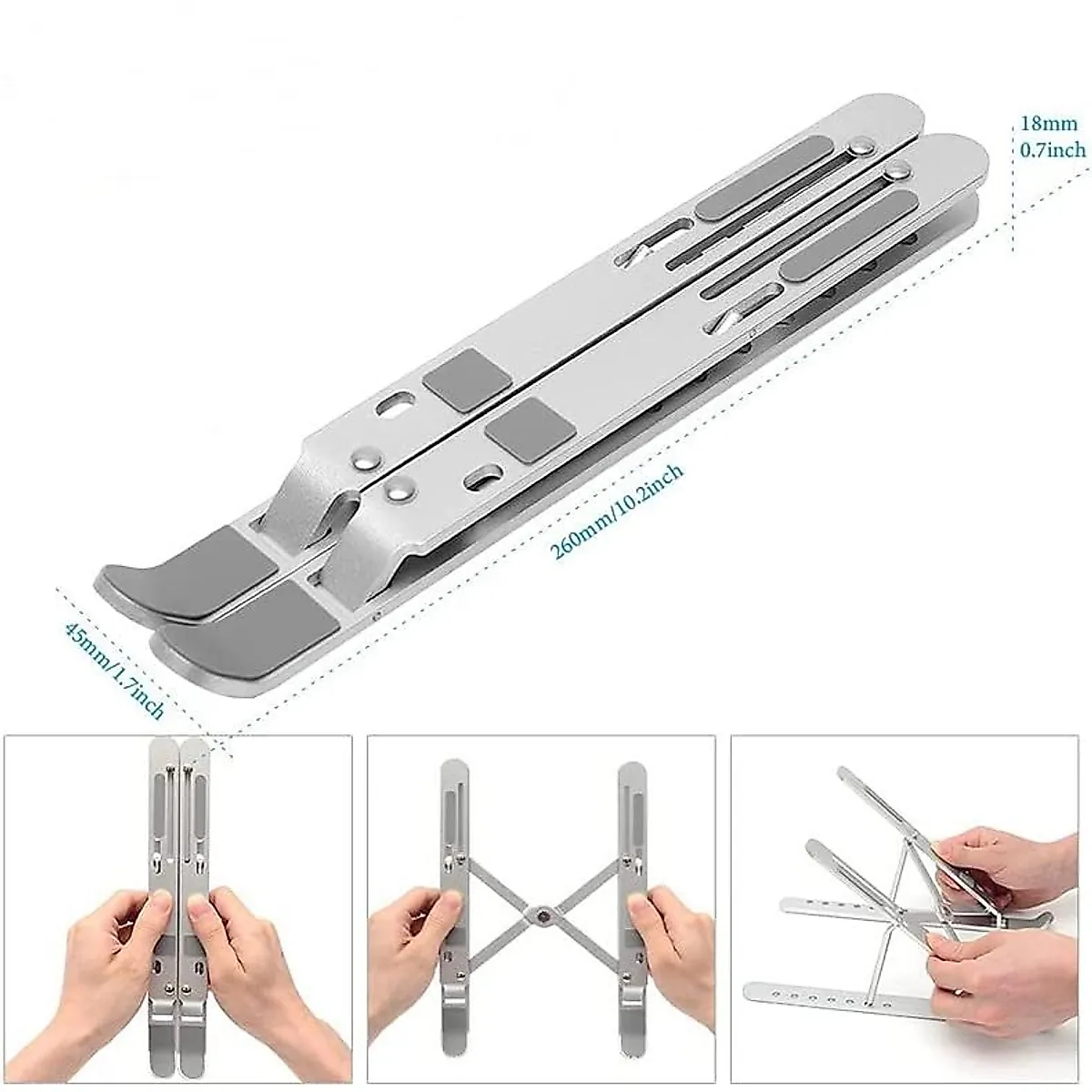 Foldable Laptop Stand for Desk, Office, and Travel Use with Folding Supports, Adjustable Height, and Ventilated Cooling Frame for Portable Work, Gaming, Content Creators