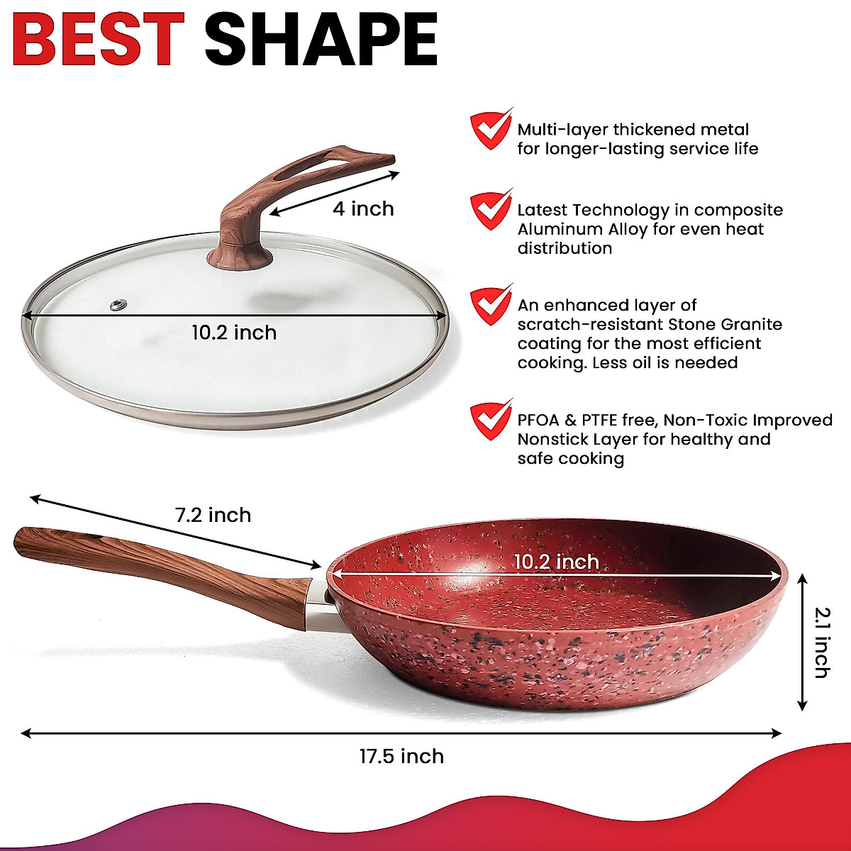 CopperKitchen 10 Inch Frying Pan with Special Lid - Deluxe Copper Granite Stone Coating - PFOA PFOS PTFE Free - Premium Nonstick Scratch Proof Coating - Comes with Special Lid, Red