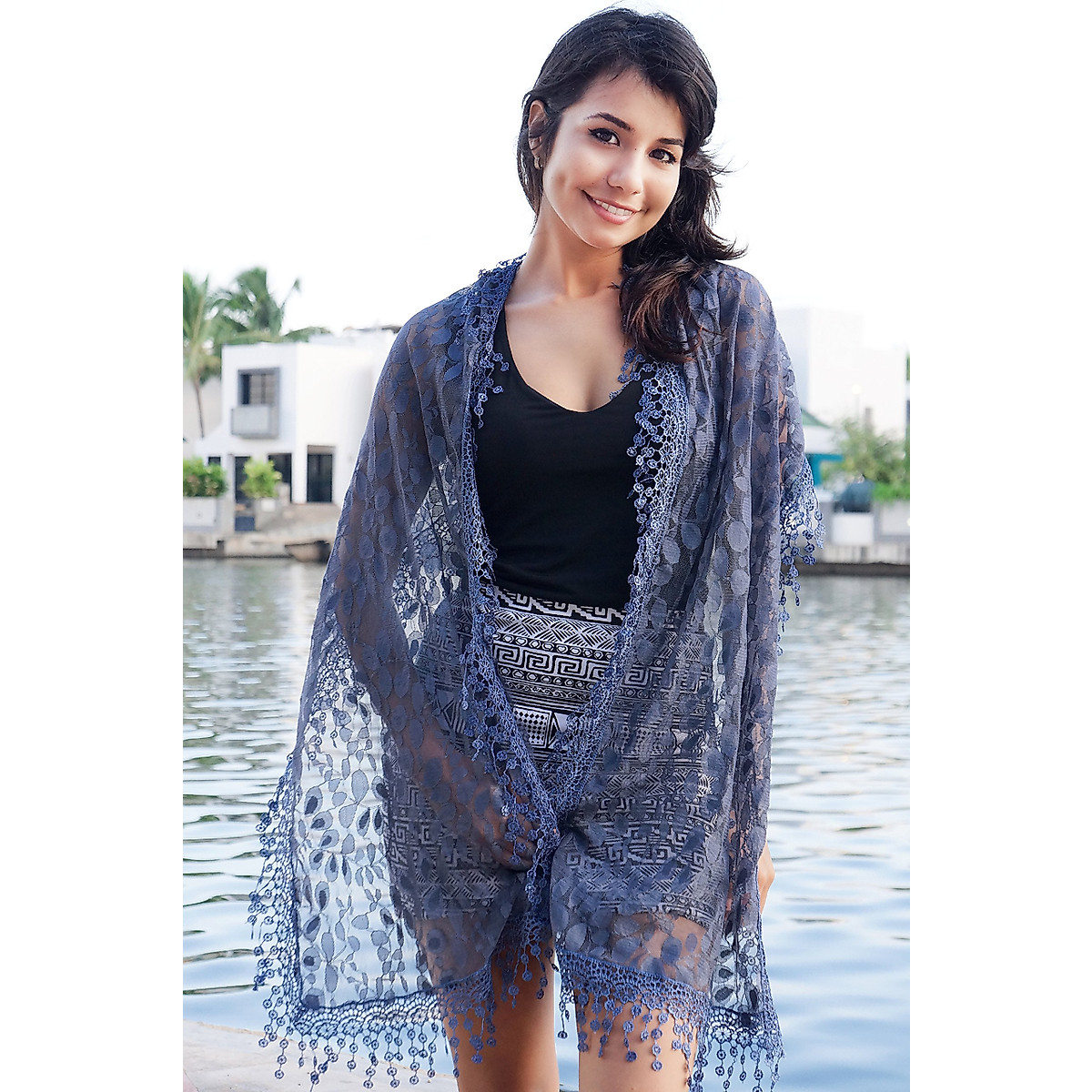 Cindy and Wendy Lightweight Soft Leaf Lace Fringes Scarf shawl for Women (Navy)