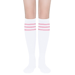 DOOVID Knee High Socks for Women Tube Socks Elasticity Athletic Socks Stripe Knee High Stockings Casual Socks White Pink One Size