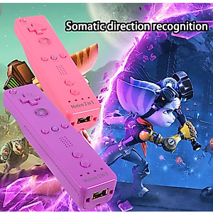Dliaonew 2 Psck Remote Controller Build in Motion Plus and Nunchuck for Wii/Wii U, Gamepad with Silicone Case and Wrist (Purple and Pink)