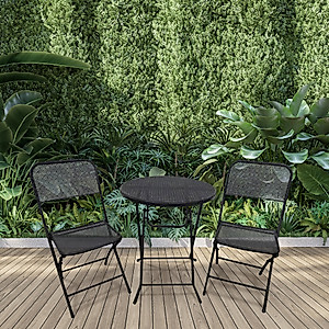 Four Seasons Courtyard Padova 3 Piece Bistro Outdoor Backyard Dining Set with 2 Folding Chairs and Round Table Furniture for Patios or Decks, Black