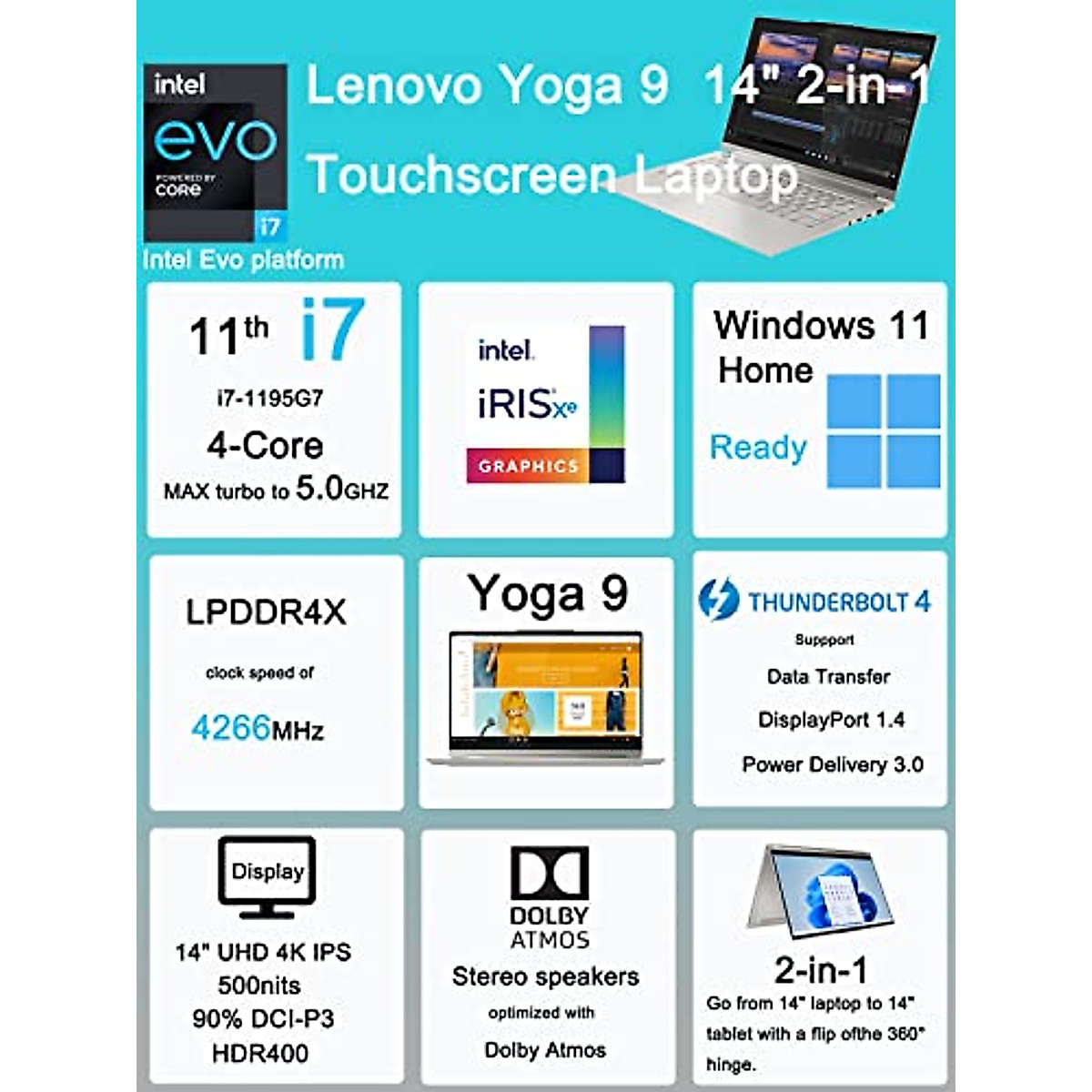 Lenovo Yoga 9i 14" UHD 4K (3840x2160) 2-in-1 Touchscreen (Intel 4-Core i7-1195G7, 16GB LPDDR4x RAM, 512GB SSD, Active Stylus), Business Laptop, Backlit, Thunderbolt 4, Windows 11 Home (Renewed)