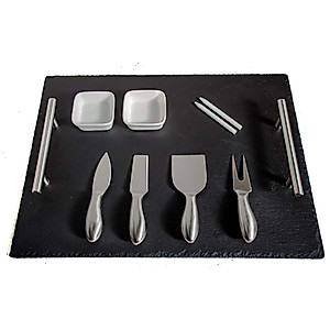 Slate Cheese Board Set with Handles | 9 pcs - 12" x 16" Serving Tray, Stainless Steel Cheese Knife Set with Ceramic Bowls + Soapstone Chalk
