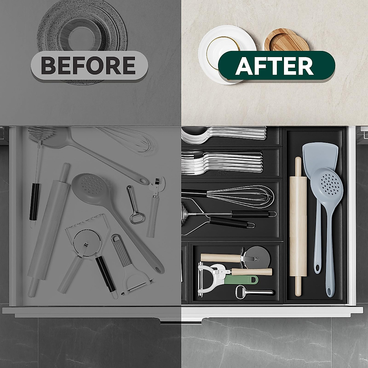 Lixple Bamboo Kitchen Drawer Organizer - Set of 2, Stackable Utensil Organizers, Wooden Storage Box Tray for Cabinet, Pantry, Bathroom Countertop, Multi-use Organization and Storage (Black)