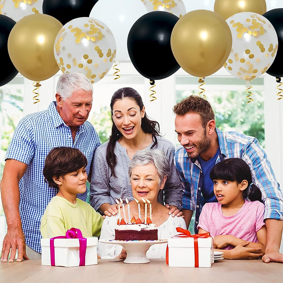 Happy Birthday Decorations,Black Gold Confetti Balloons, 52Pcs 12Inch Gold White and Black Confetti Balloons with Gold Ribbons for Birthday Party,Black Gold Party Decorations