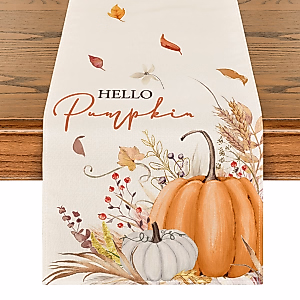 Artoid Mode Hello Pumpkin Flowers Leaves Thanksgiving Table Runner, Seasonal Fall Harvest Vintage Kitchen Dining Table Decoration for Indoor Outdoor Home Party Decor 13 x 72 Inch