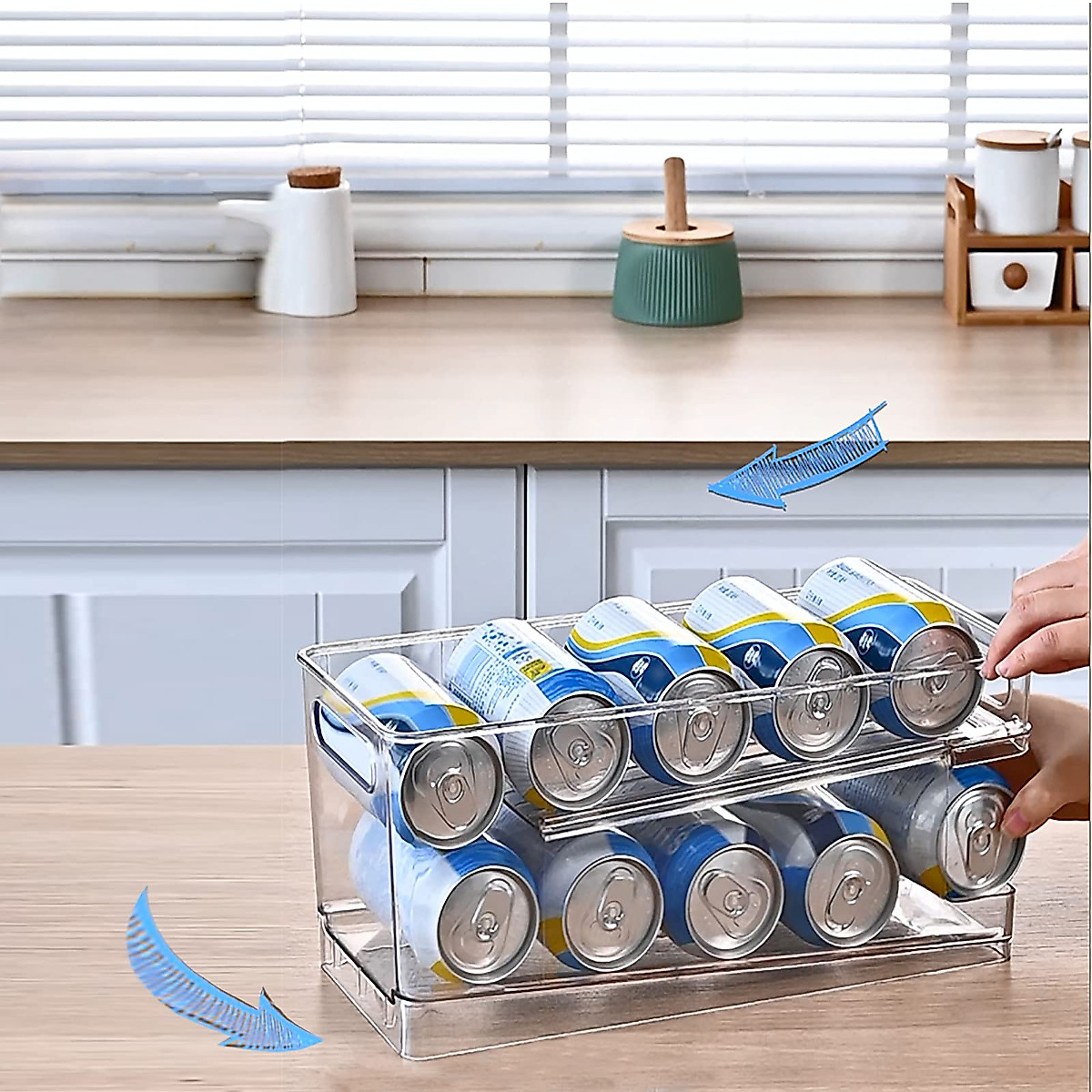 Double layer Soda Can Organizer for Refrigerator,Transparent Dispenser Beverage Holder for Fridge Freezer Kitchen Countertop Cabinets,2-Tiers Automatic Rolling Plastic Canned Food Pantry Storage Rack
